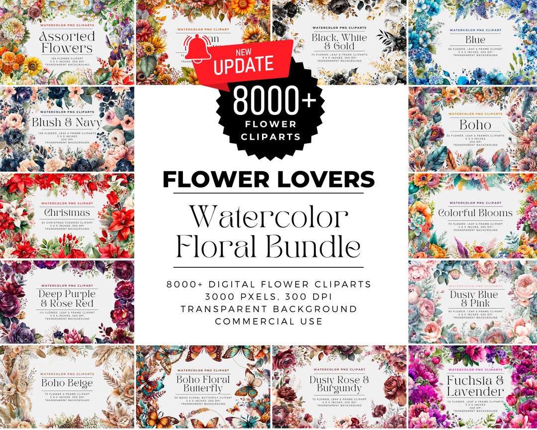 Updated! Ultimate Bundle 8000+ Watercolor Flowers Bundle PNG ...