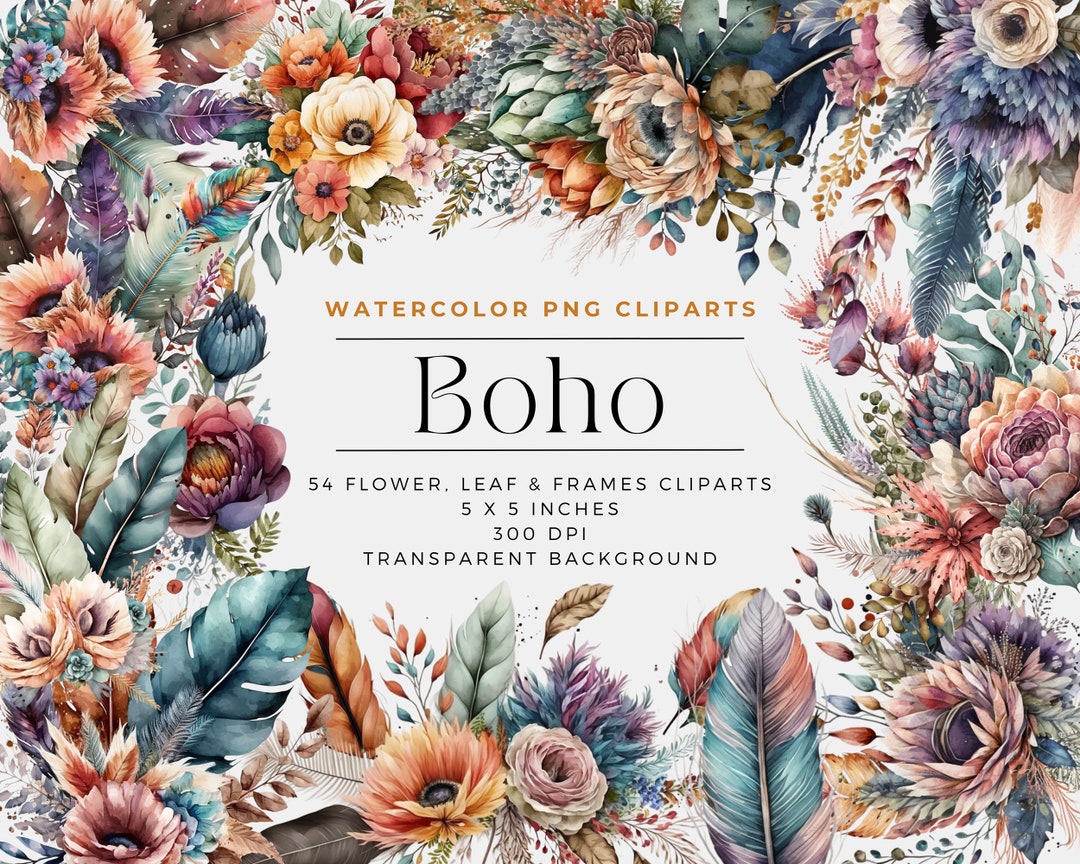 Boho Flowers PNG, Watercolor Floral Clipart Bouquets, Elements ...