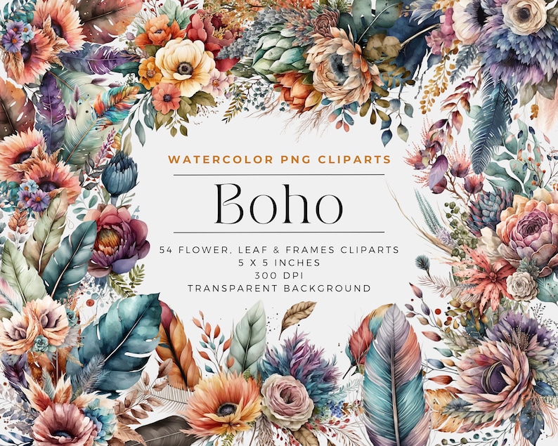 Boho Flowers PNG Watercolor Floral Clipart Bouquets - Etsy