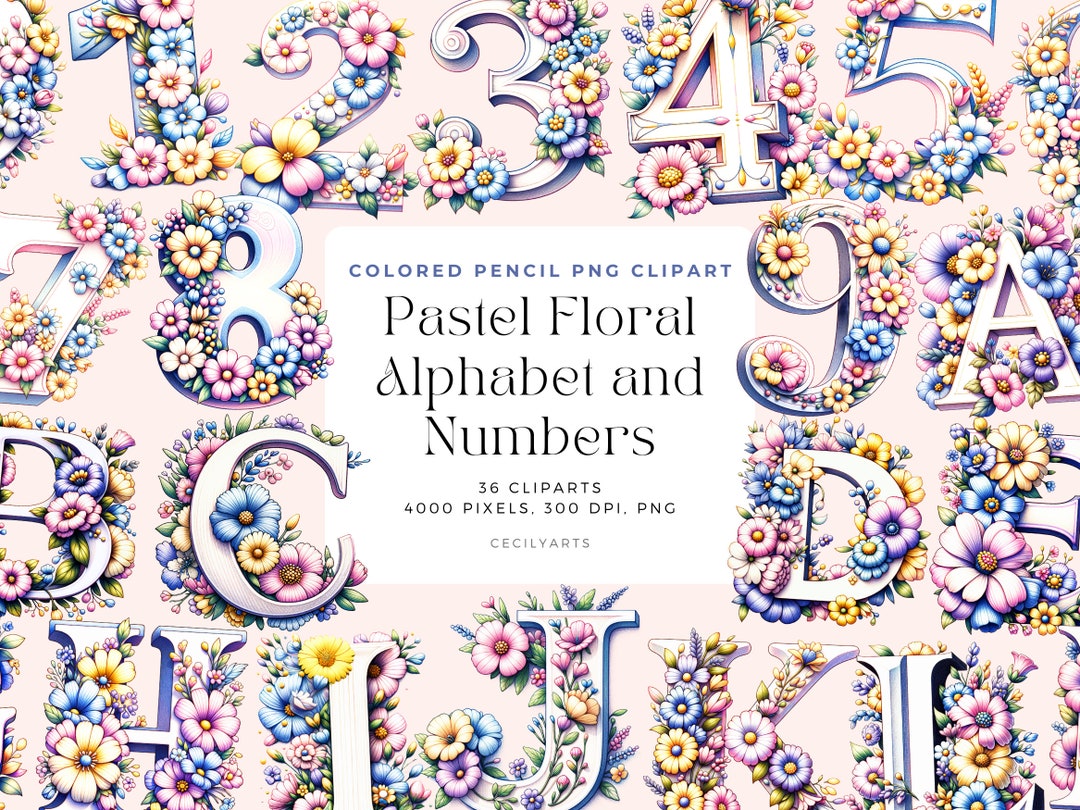 Colored Pencil Pastel Flower Alphabet and Numbers Cliparts, Alphabet ...