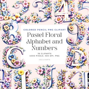 Colored Pencil Pastel Flower Alphabet and Numbers Cliparts, Alphabet ...