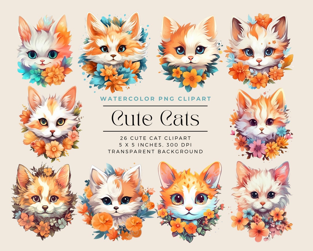 Watercolor Cute Cat Clipart, Cat Sticker Clipart, Cat Watercolor ...