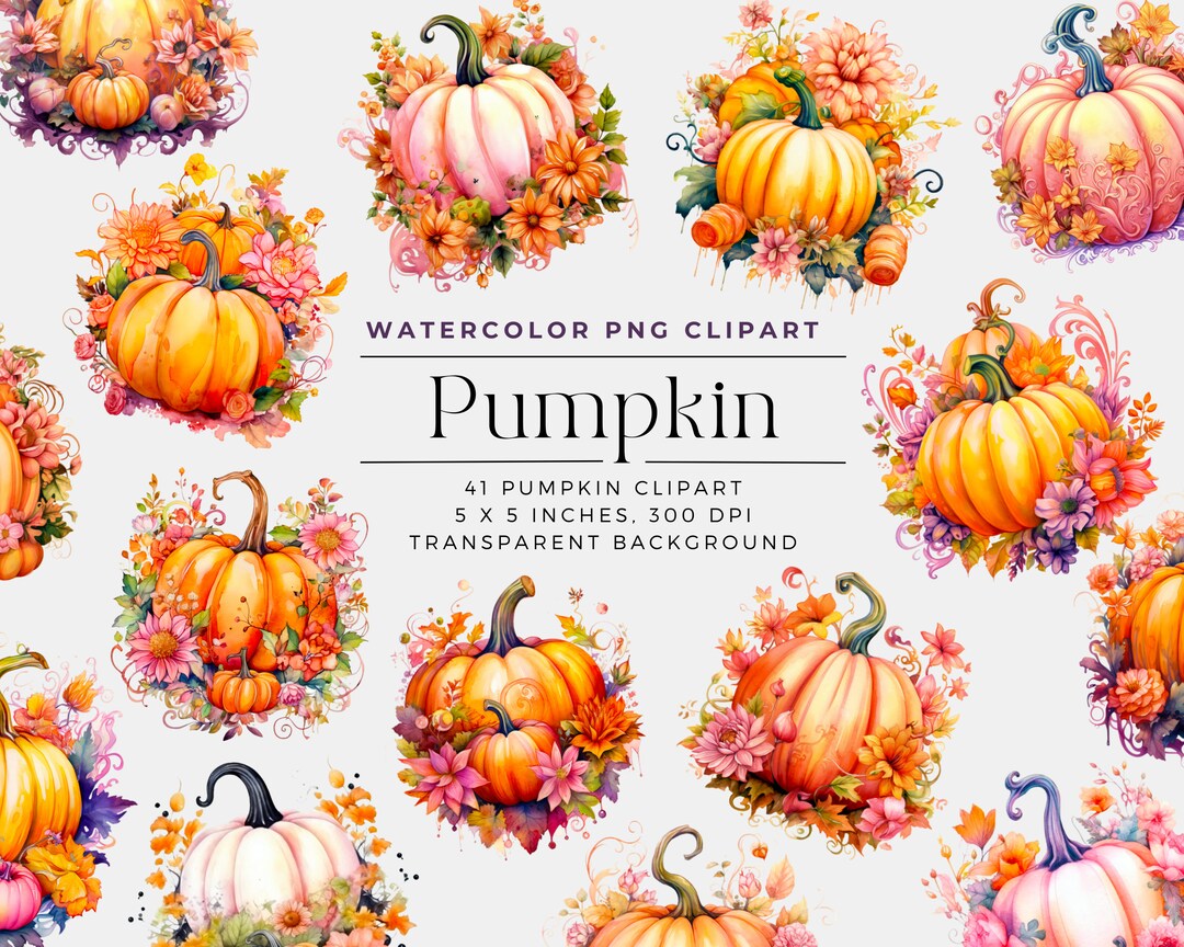 Watercolor Autumn Pumpkin Clipart, Pumpkin Clipart, Autumn Leaves ...