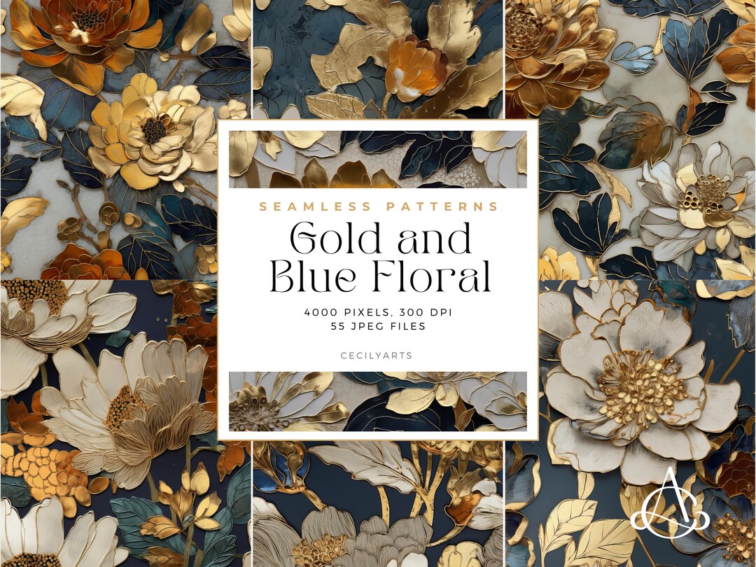 Blue and Gold Flowers Seamless Pattern Digital Paper, Glam Digital ...