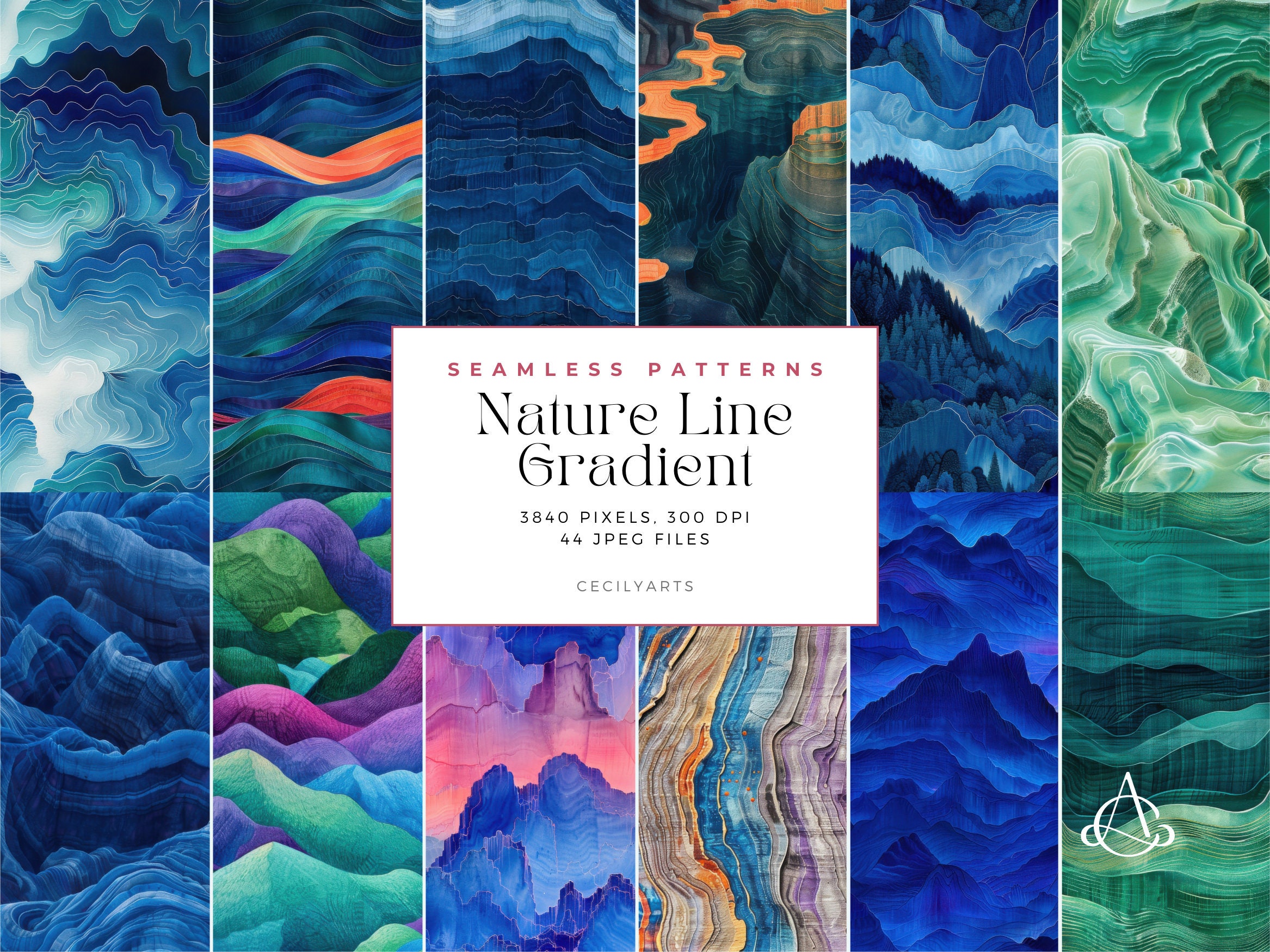 Nature Line Gradient Seamless Patterns, Digital Download JPG, Seamless ...