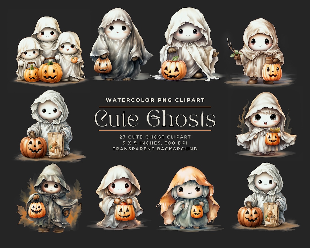 Watercolor Cute Ghost Collection Clipart, Spooky Halloween Ghost ...