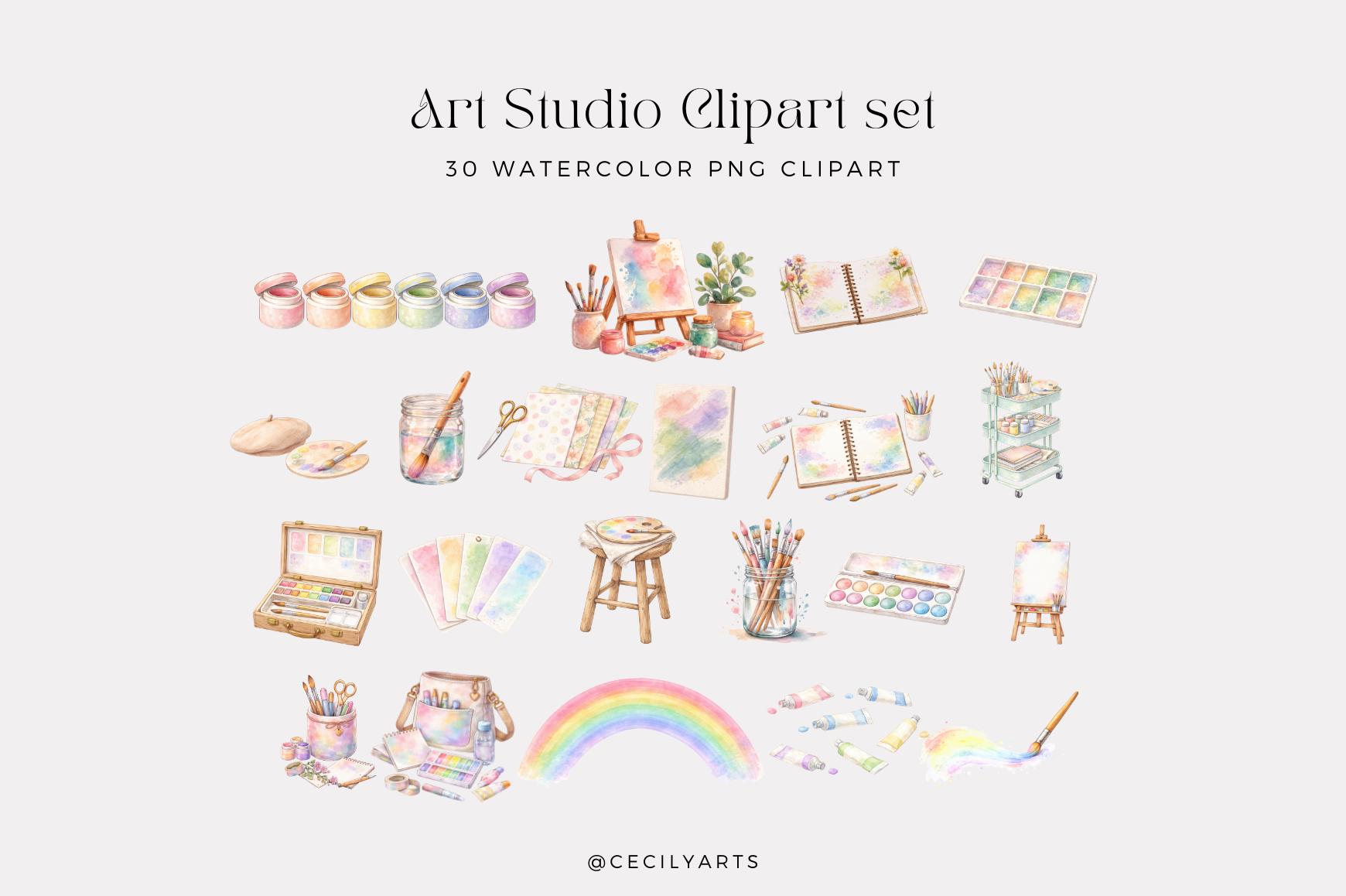 Watercolor Art Studio Clipart Set, Painting Tools PNG, Pastel Artist ...