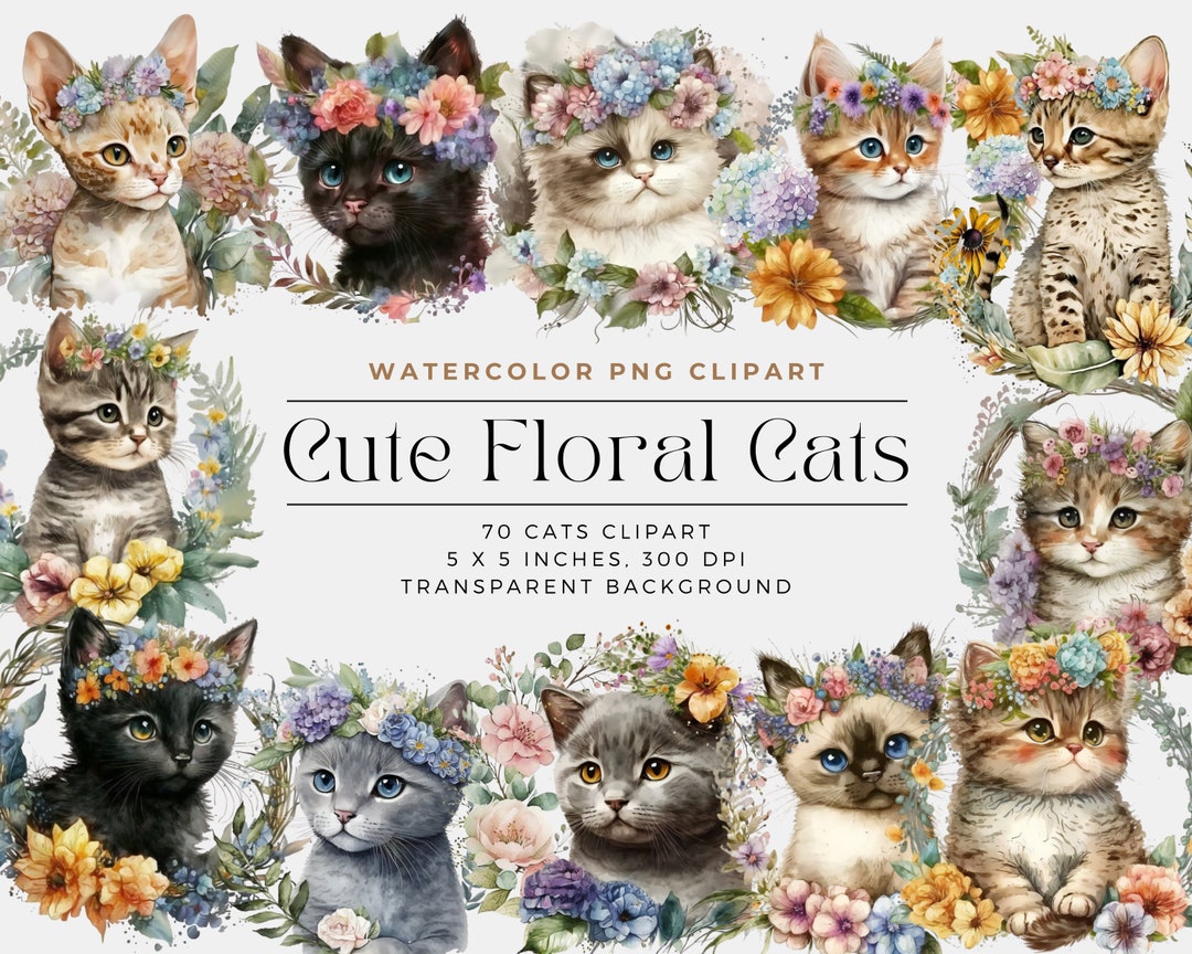 Watercolor Cat Clipart, Cat With Flower Clipart, Cat Watercolor ...