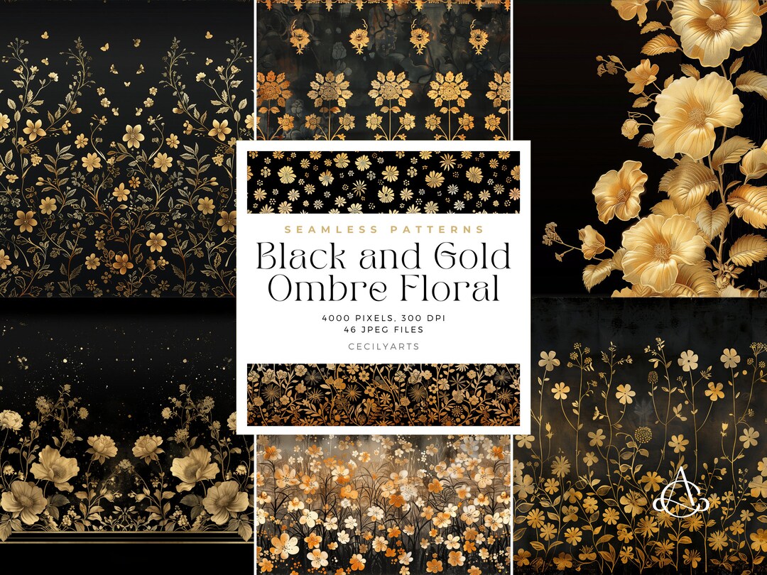 Black and Gold Floral Print Seamless Pattern, Black and Gold Ombre ...