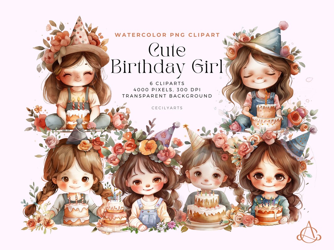 Cute Birthday Girl, Birthday Party Clipart Set, Happy Birthday PNG ...