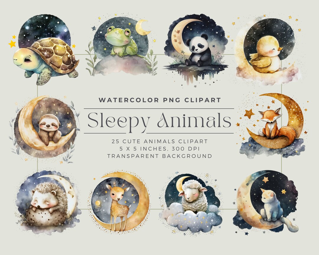 Watercolor Sleepy Animals Clip Art, Cute Sleepy Animals Watercolor JPG ...