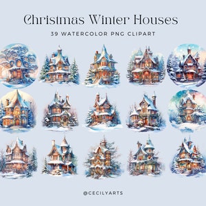 Watercolor Christmas Winter Houses Clipart, Winter House Clipart ...