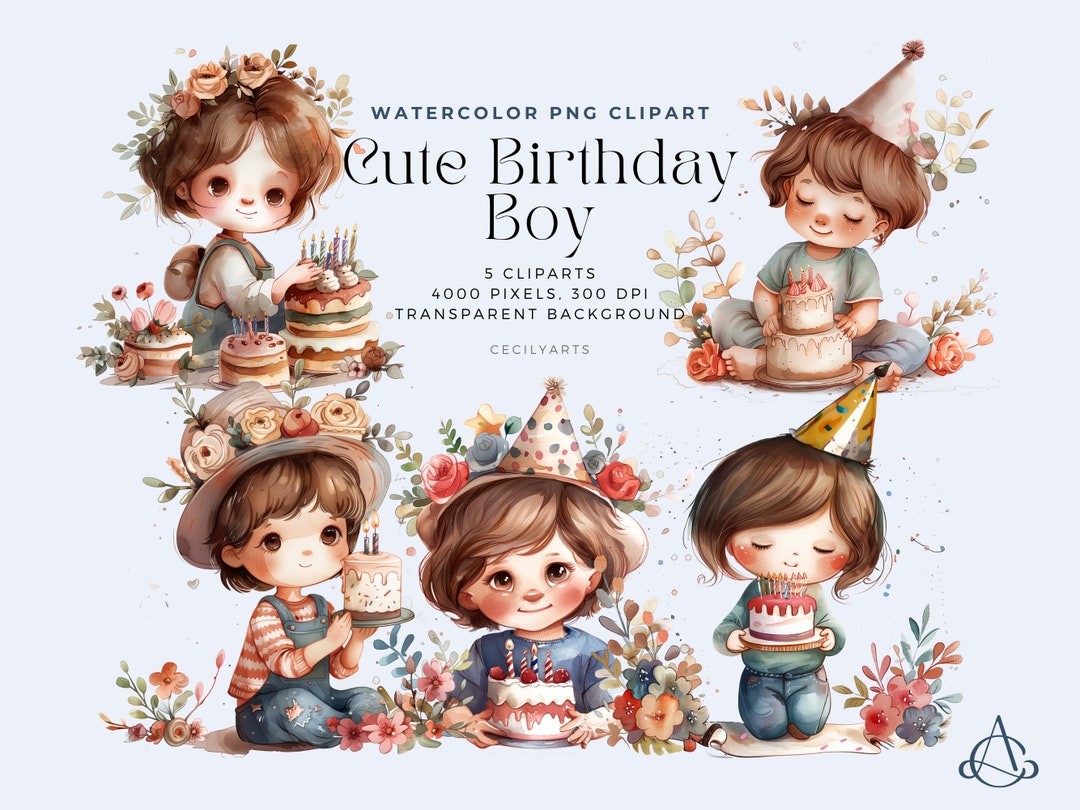 Cute Birthday Boy, Birthday Party Clipart Bundle, Happy Birthday PNG ...
