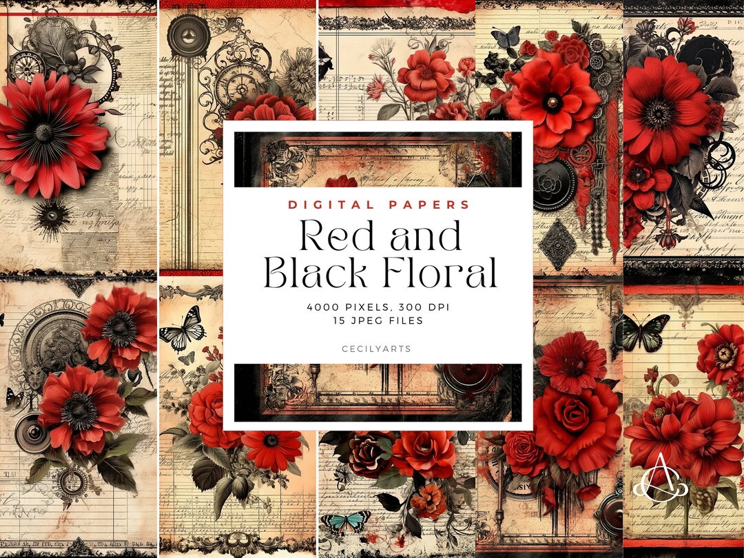 Red and Black Floral Junk Journal Pages, Vintage Paper Journal Pages ...