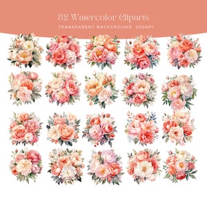 Roses and Peonies Flowers PNG, Watercolor Floral Clipart Bouquets ...