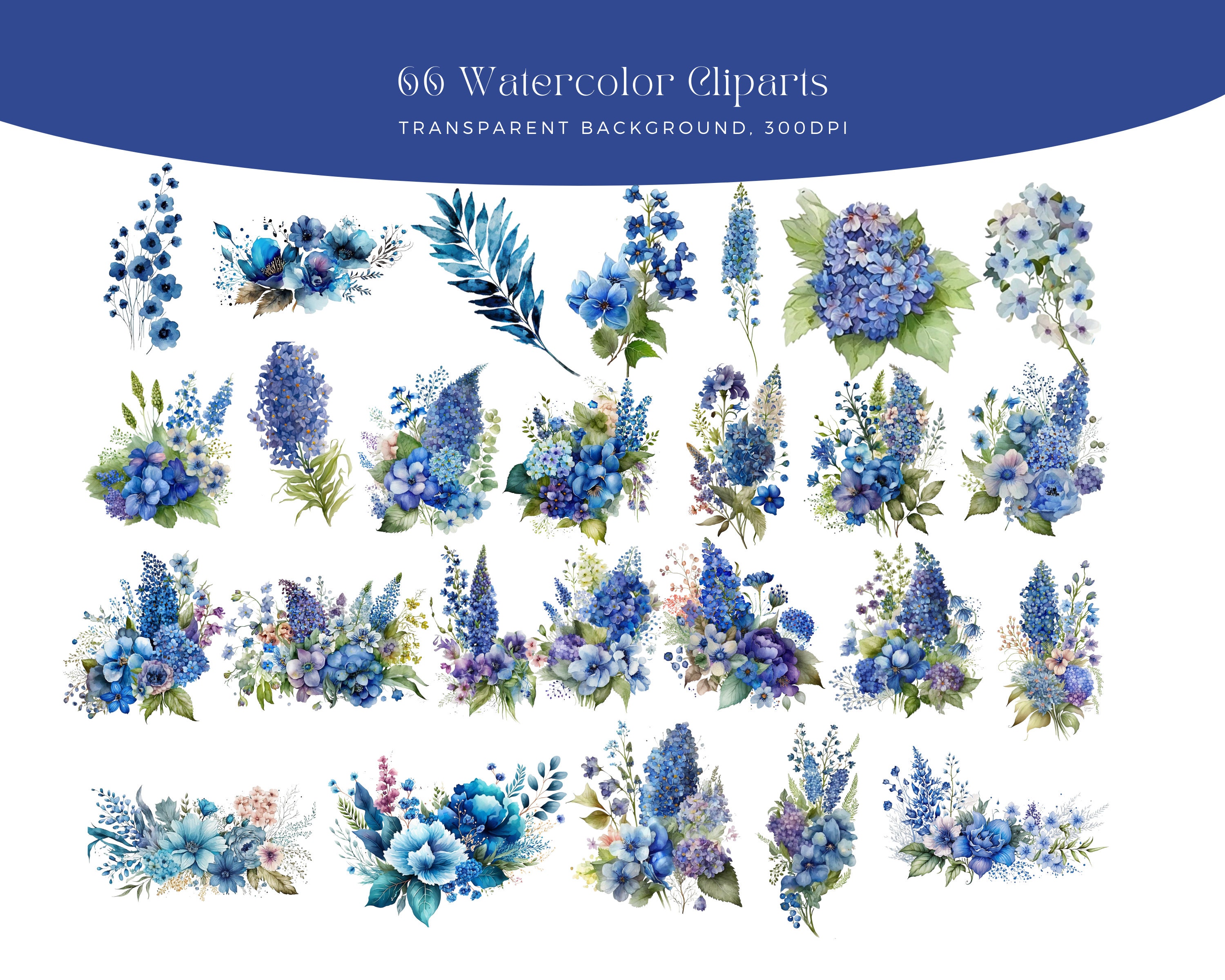 Blue Watercolor Floral Clipart: PNG Flower Bouquets (commercial Use ...