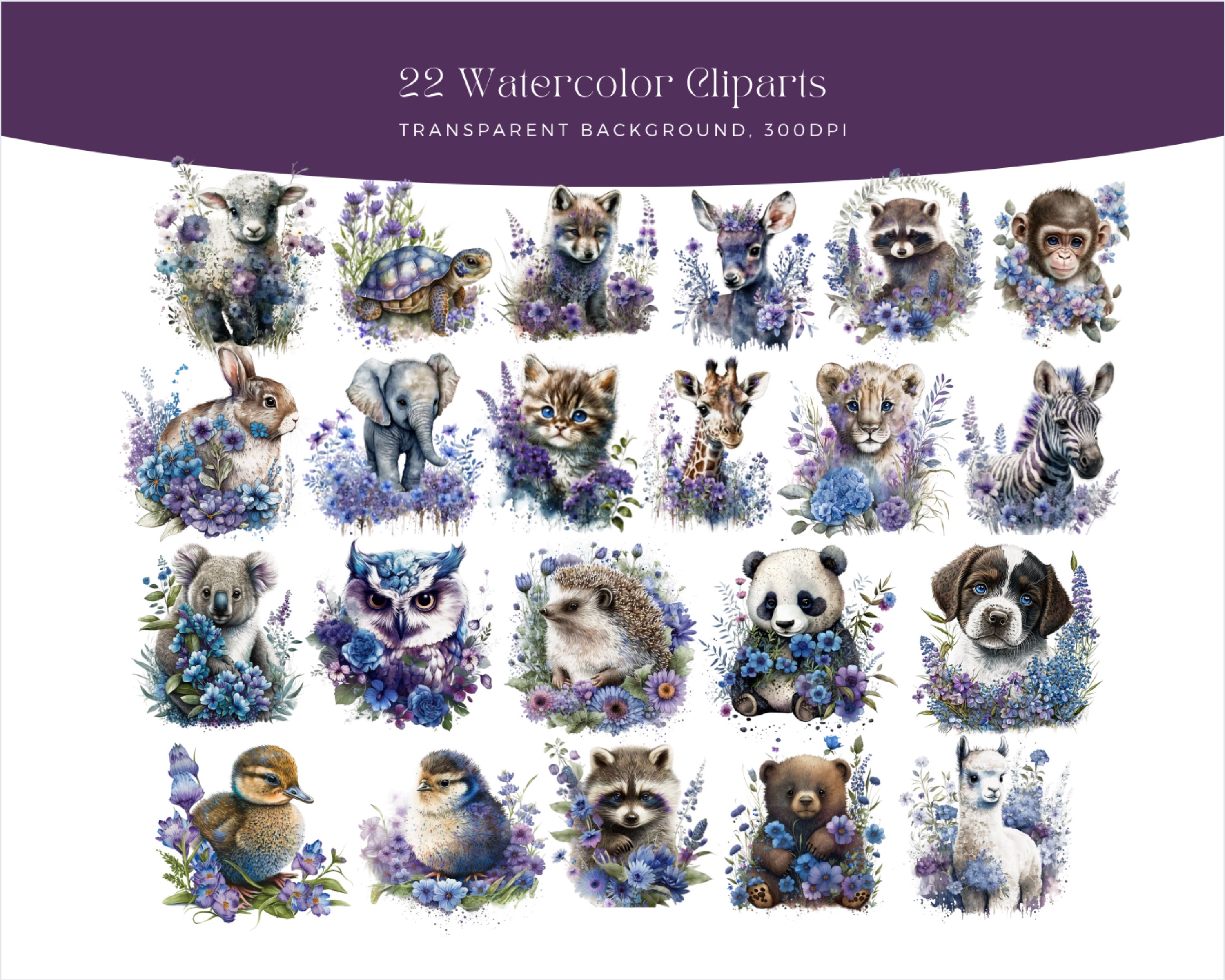 Watercolor Safari Blue Baby Animals Watercolor Clipart, Watercolor ...