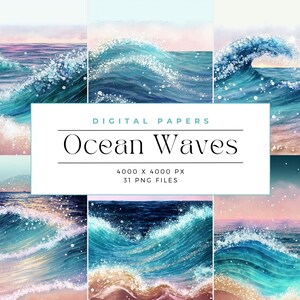 Watercolor Ocean Waves Digital Paper, Water Wave PNG, Glittery Ocean ...