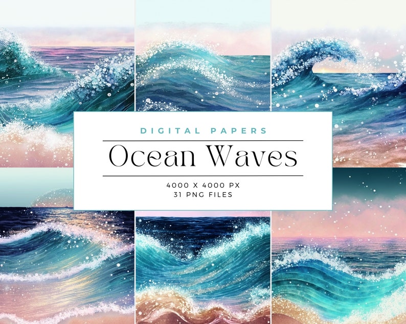 Watercolor Ocean Waves Digital Paper Water Wave PNG Glittery - Etsy
