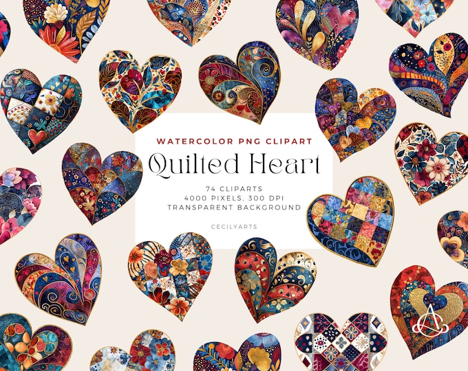 10 Hearts Clipart Bundle, PNG & JPG, Printable Patchwork Heart ...
