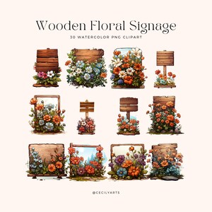 Watercolor Wooden Signs Clipart, Watercolor Floral Clipart Bouquets ...