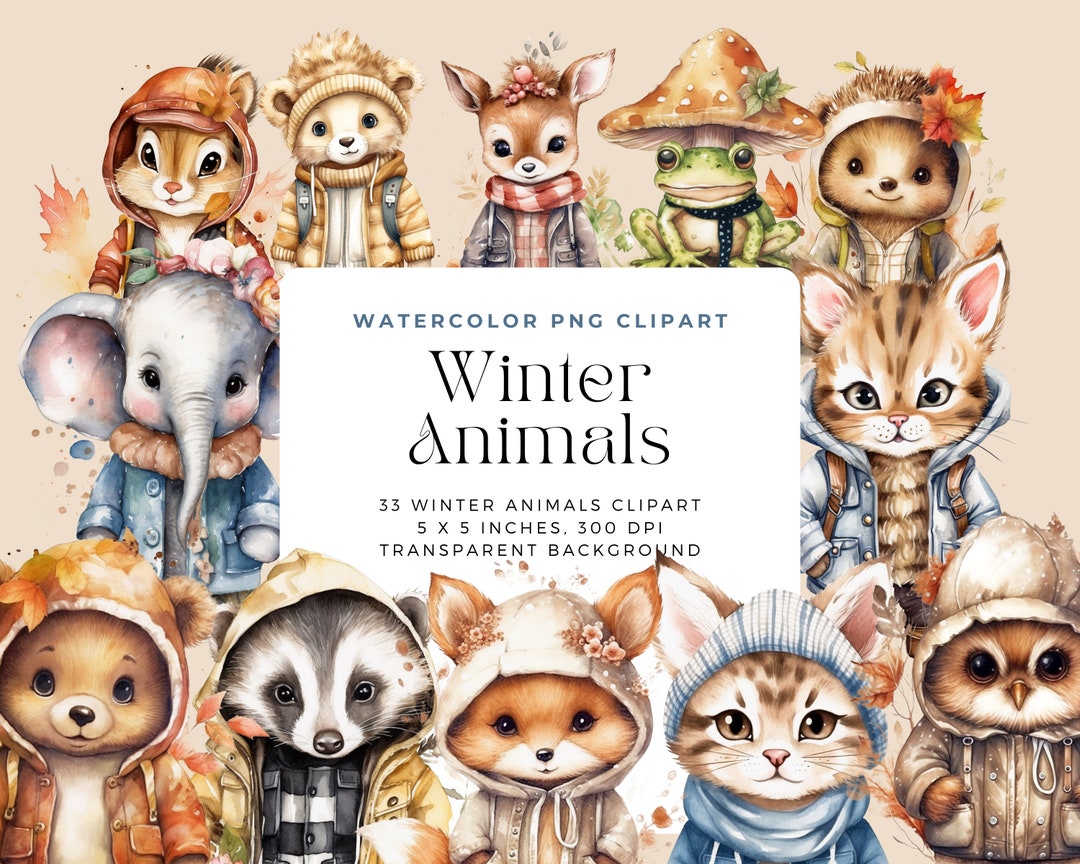 Watercolor Winter Animals Clip Art, Animals Wearing Jackets Watercolor ...