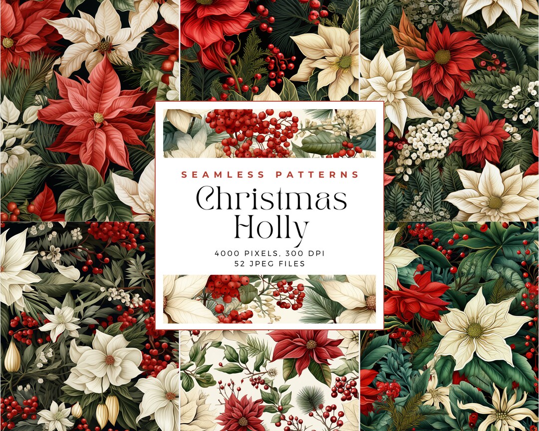 Christmas Holly Flowers Digital Paper, Seamless Pattern, Christmas ...
