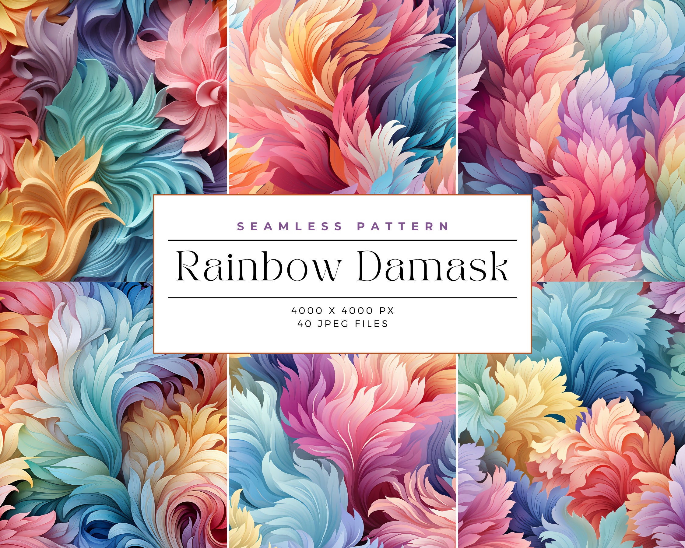 Rainbow Damask Digital Paper, Seamless Damask Patterns, Damask Pattern ...