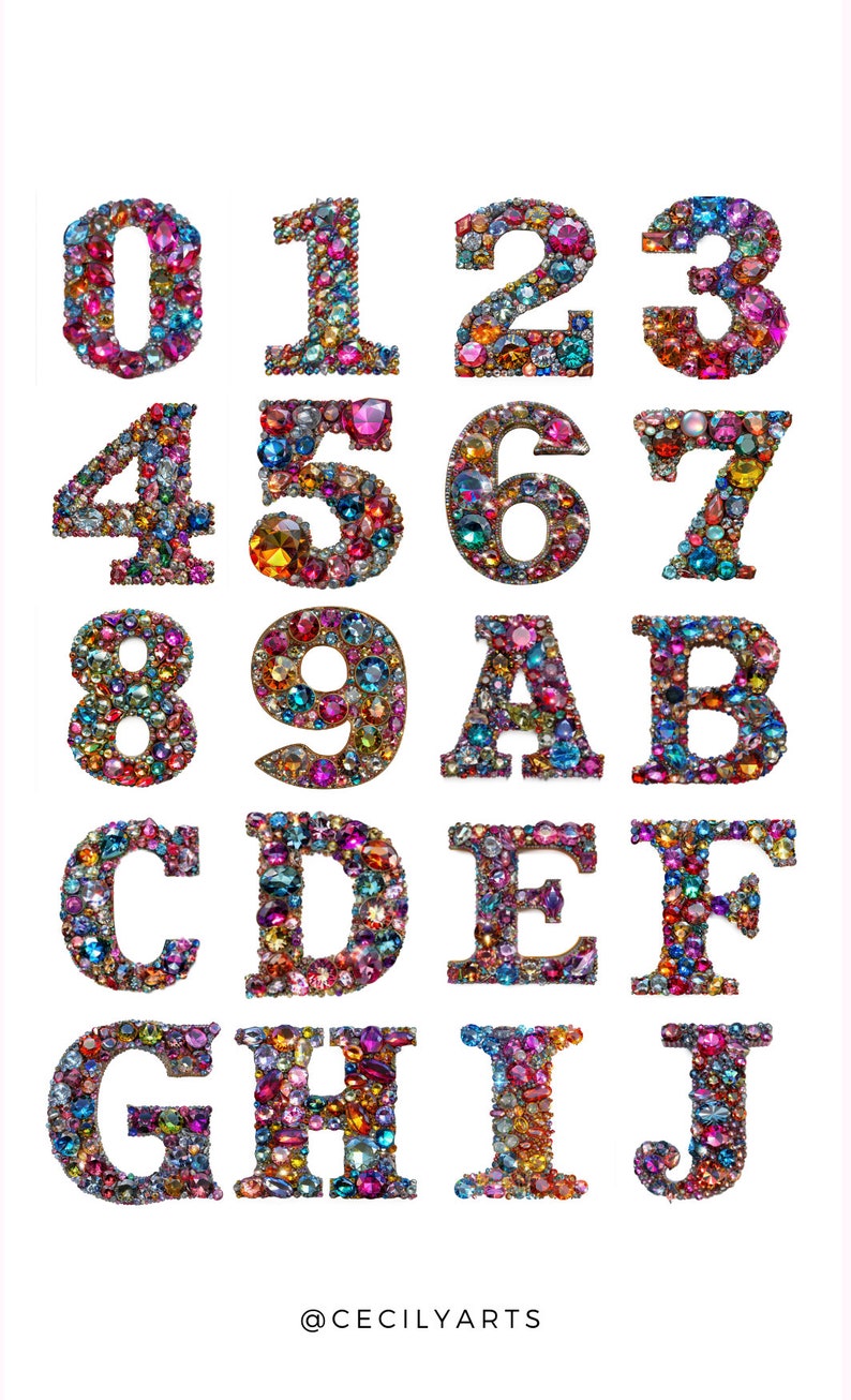 Gems Alphabet and Numbers Cliparts, Alphabet PNG, Floral Alphabet A - Z ...