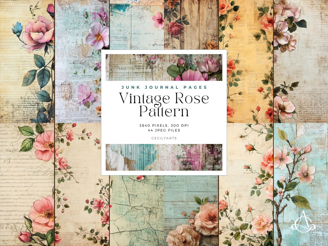 Vintage Rose Pattern Junk Journal Pages, Shabby Chic Vintage Rose ...