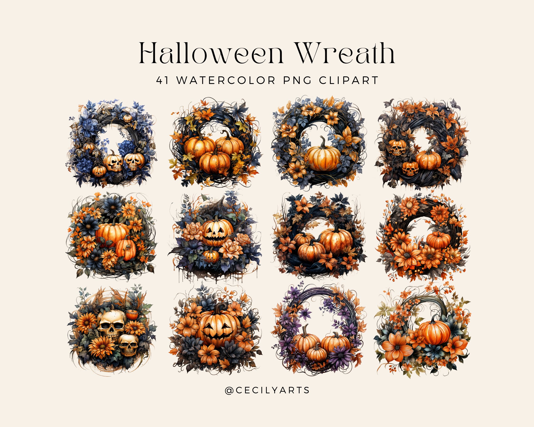 Watercolor Halloween Wreath Cliparts Collection Clipart, Pumpkin ...