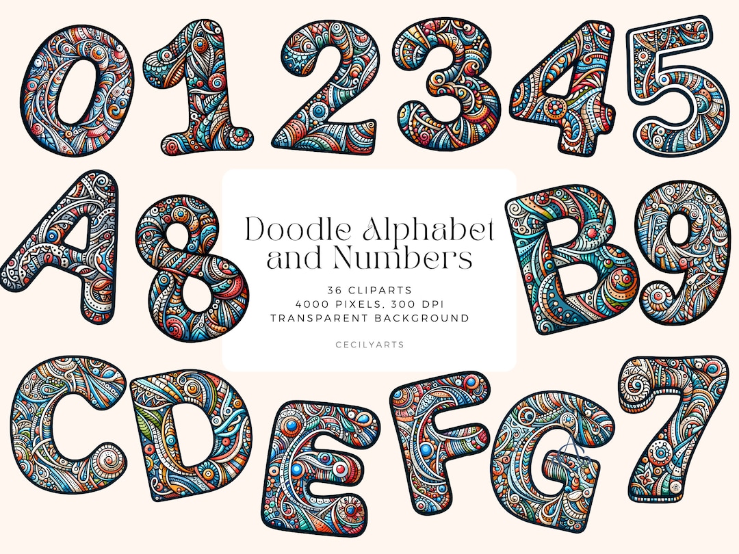 Doodle Alphabet and Numbers, Alphabet PNG, Floral Alphabet A - Z ...