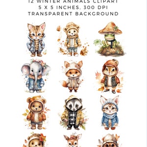 Watercolor Winter Animals Clip Art, Animals Wearing Jackets Watercolor ...