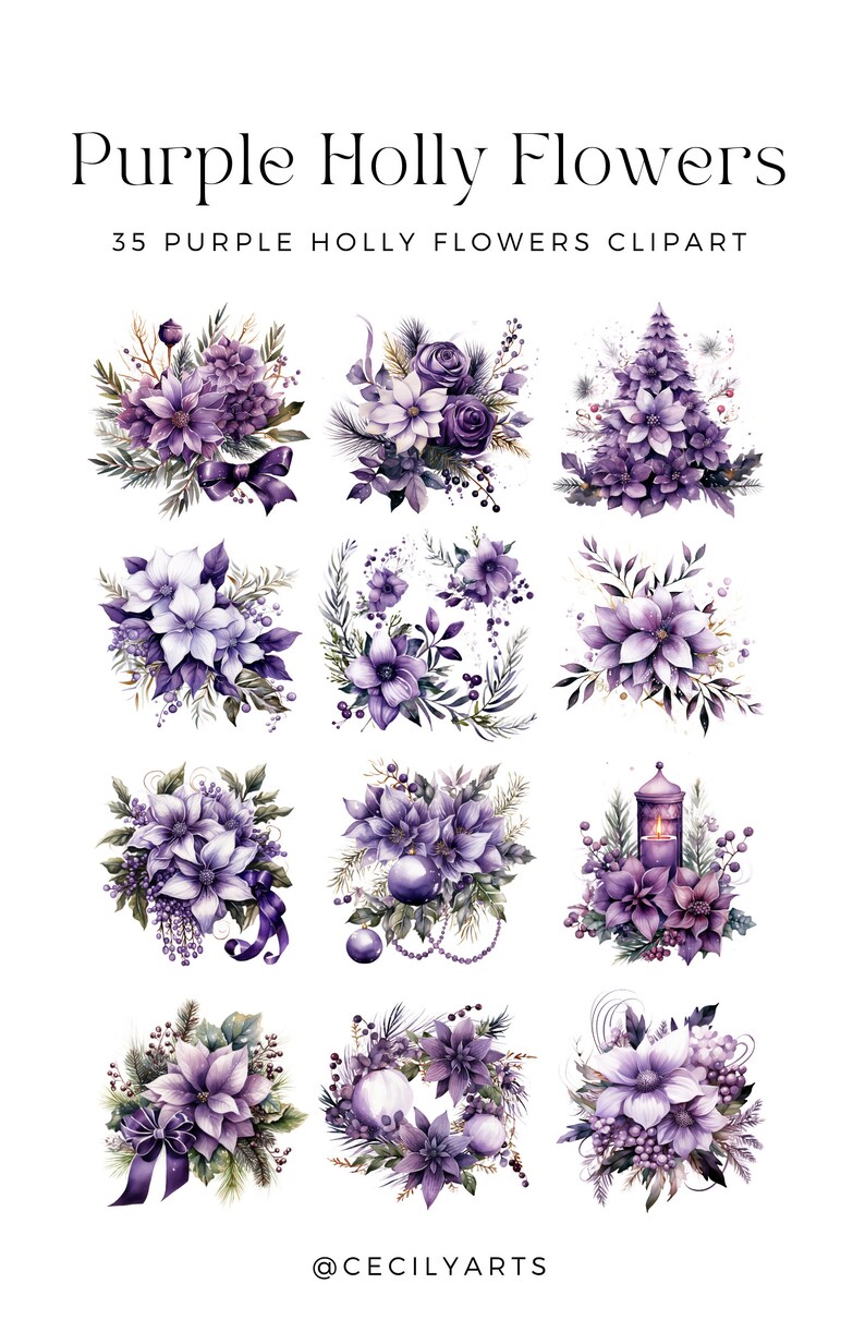 Purple Holly Flowers PNG, Watercolor Holly Clipart, Watercolor Floral ...