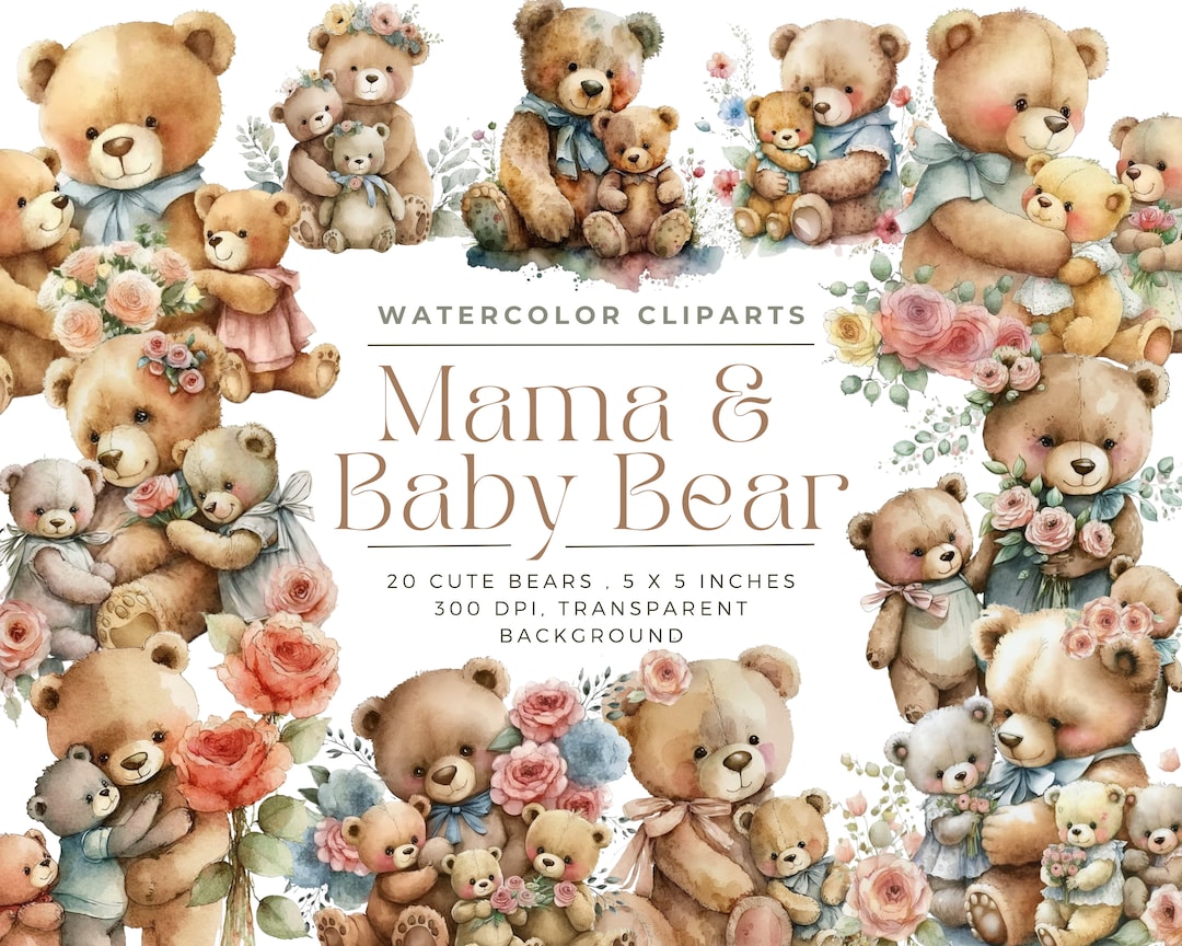Watercolor Mama and Baby Bear Clipart, Bear Watercolor Art Print, Gift ...