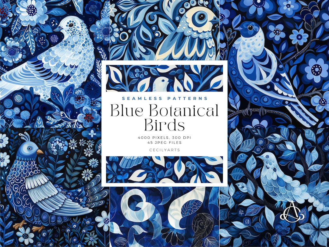 Blue Botanical Birds Seamless Patterns, Commercial Use Digital Download ...