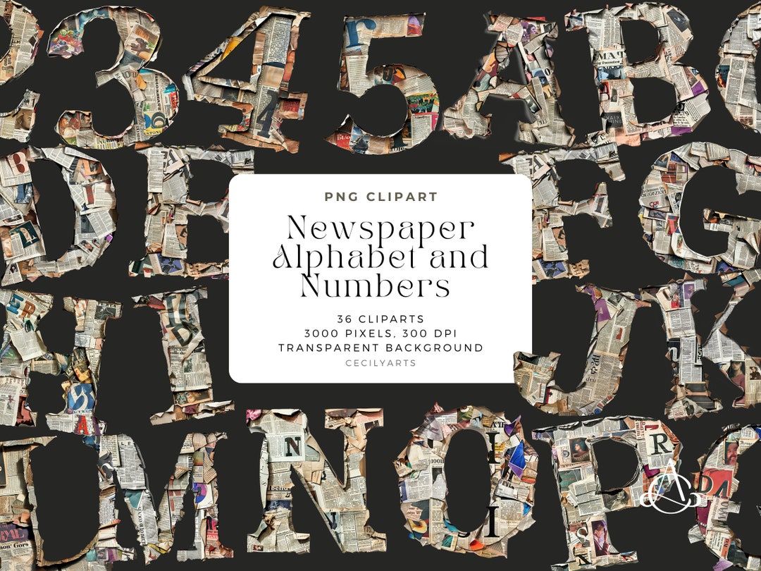 Newspaper Alphabet Clipart: A-Z Letters, Numbers, Symbols (PNG Digital ...