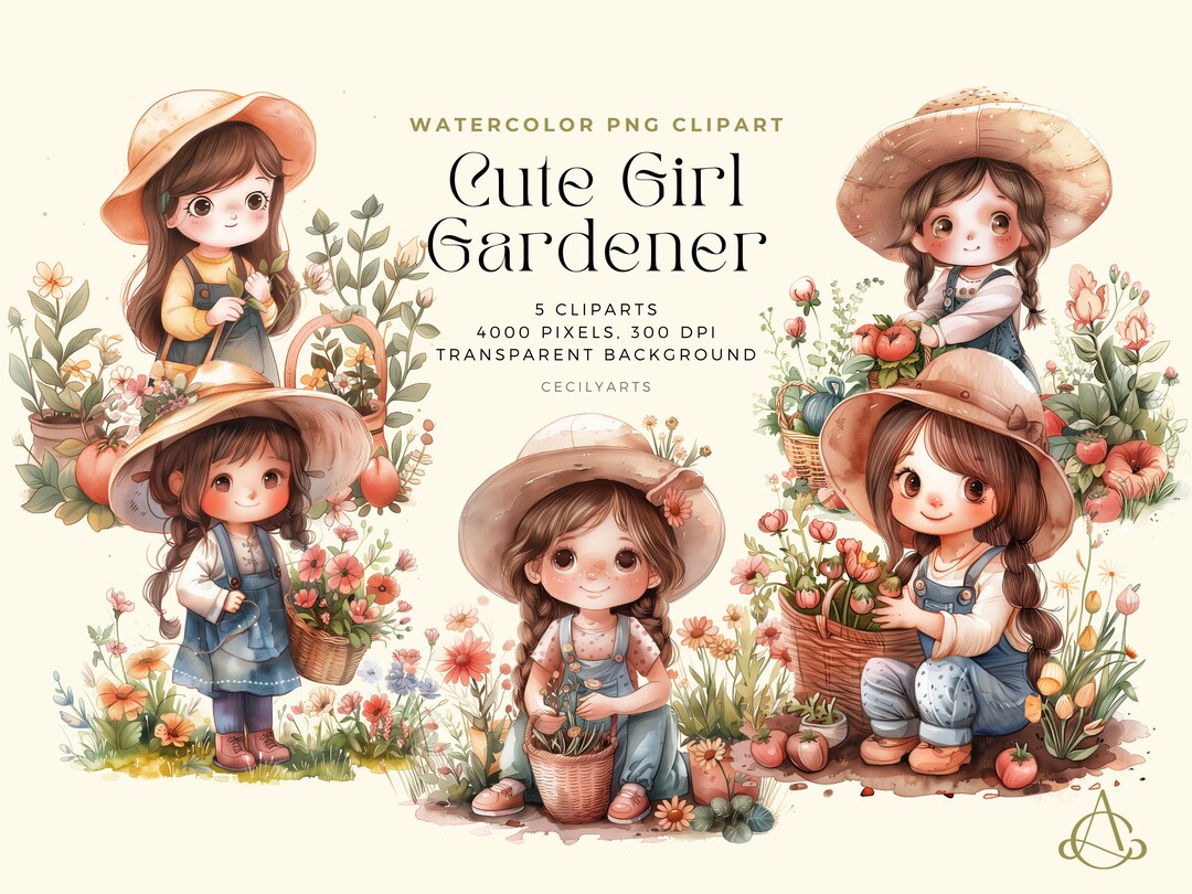 Cute Girl Gardener,flower Girl Clipart, Digital Download, PNG Files ...