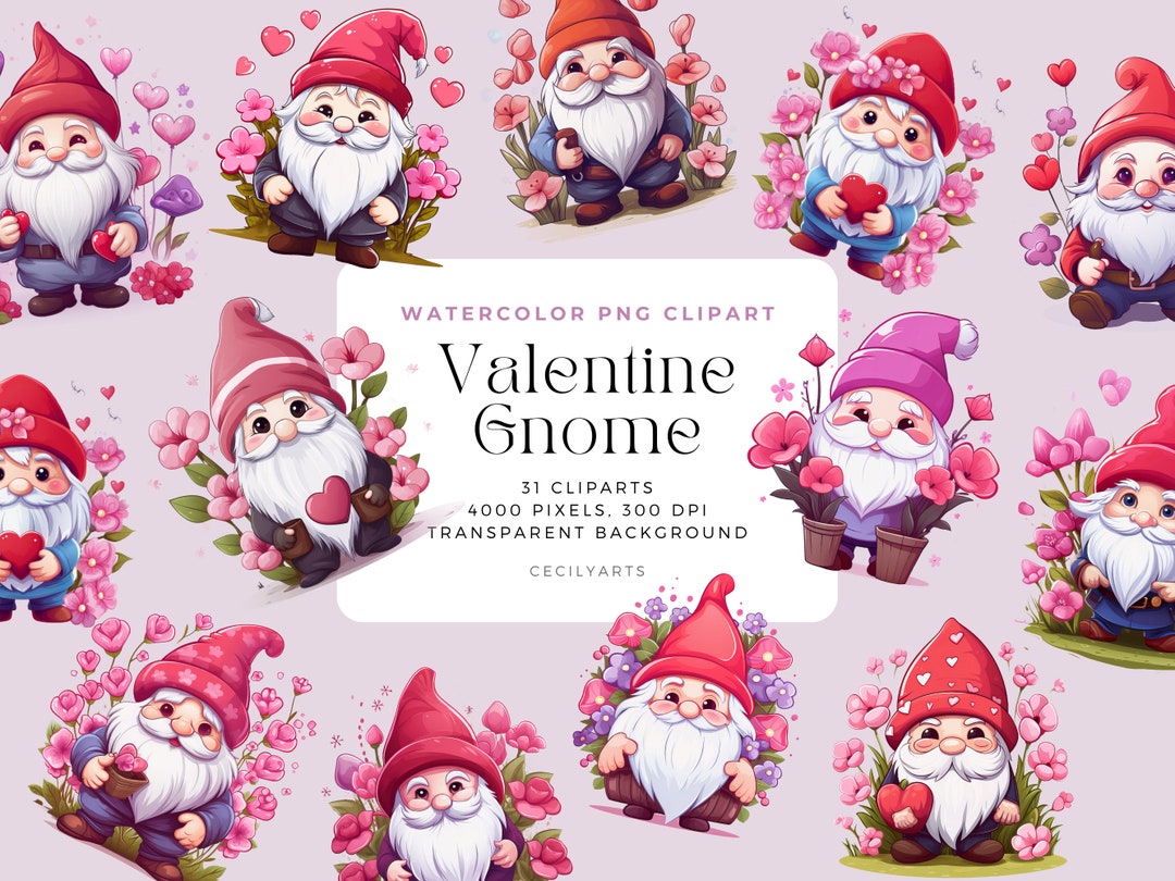 Valentines Day Gnome Watercolor Clipart, Heart Gnome Clipart PNG ...