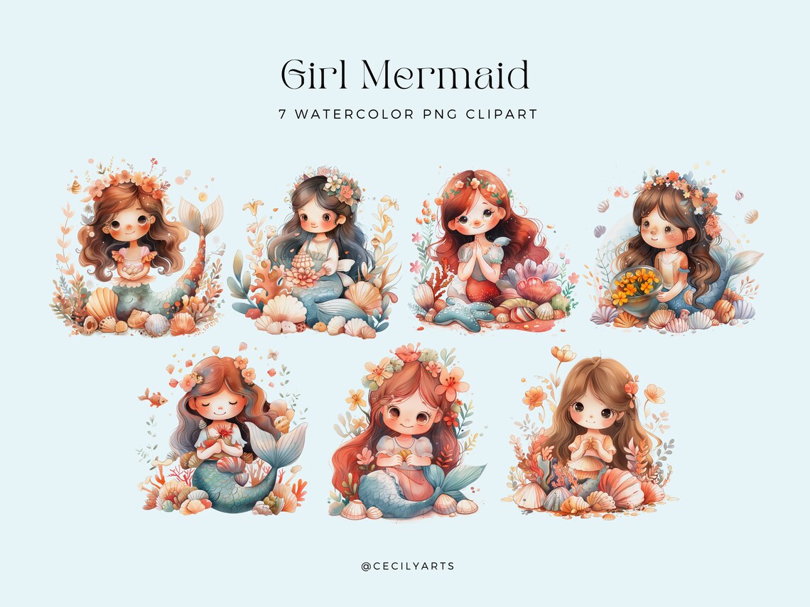 Girl Mermaid Clipart, Digital Download, PNG Files, Girls, Ephemera ...