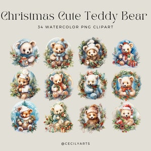 Watercolor Christmas Cute Teddy Bear Clipart, Cute Teddy Bear Clipart ...