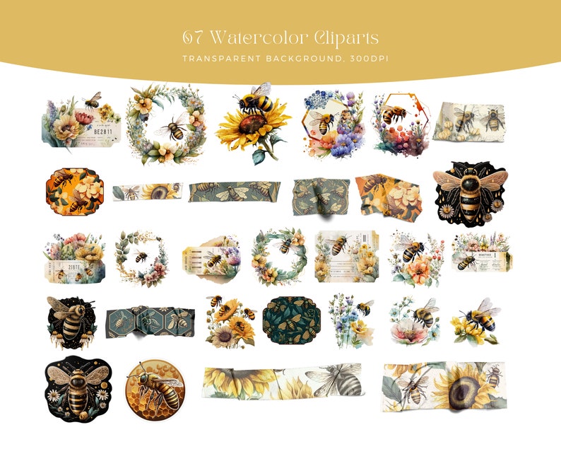 Watercolor Bees Clipart. Digital Clipart Png Honey Bee - Etsy