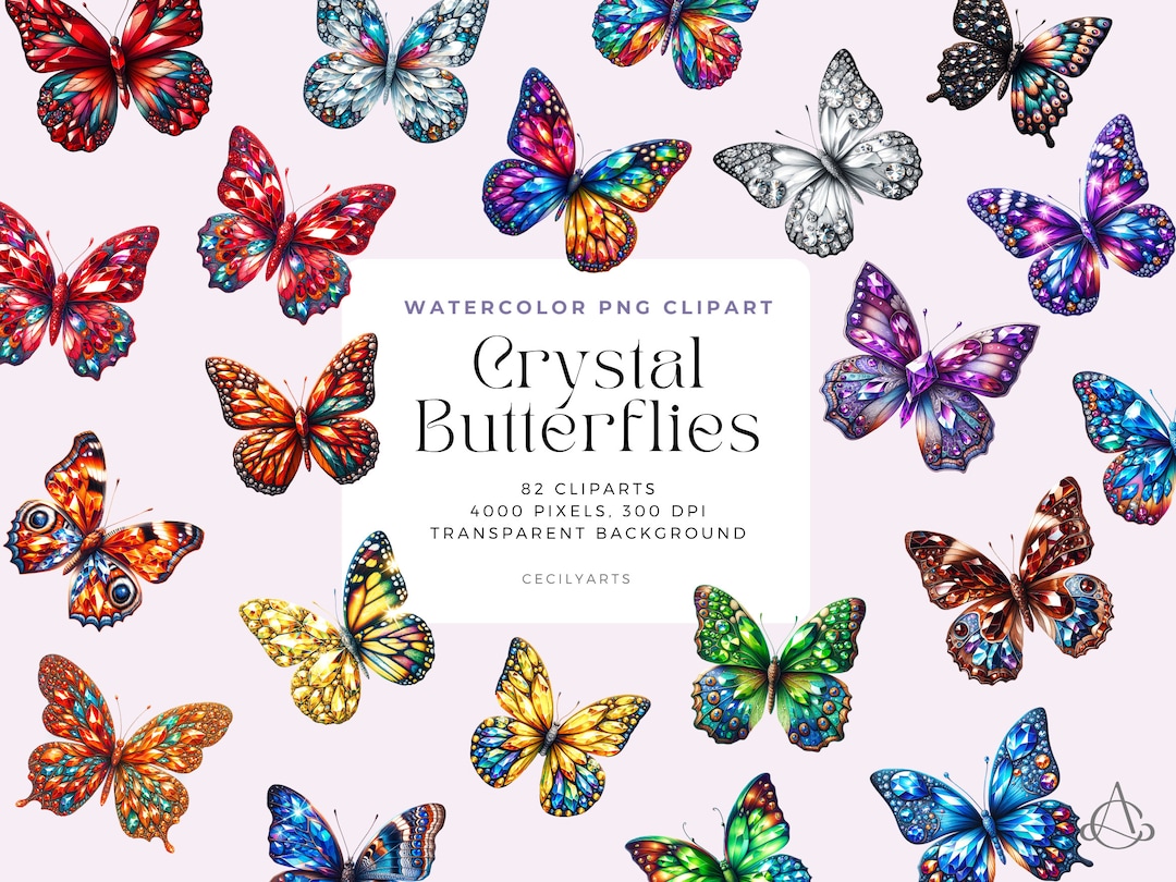Colorful Crystal Butterflies, Butterfly Clipart PNG, Watercolor ...