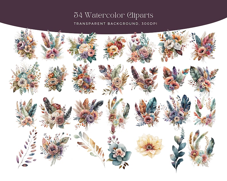Boho Flowers PNG Watercolor Floral Clipart Bouquets - Etsy