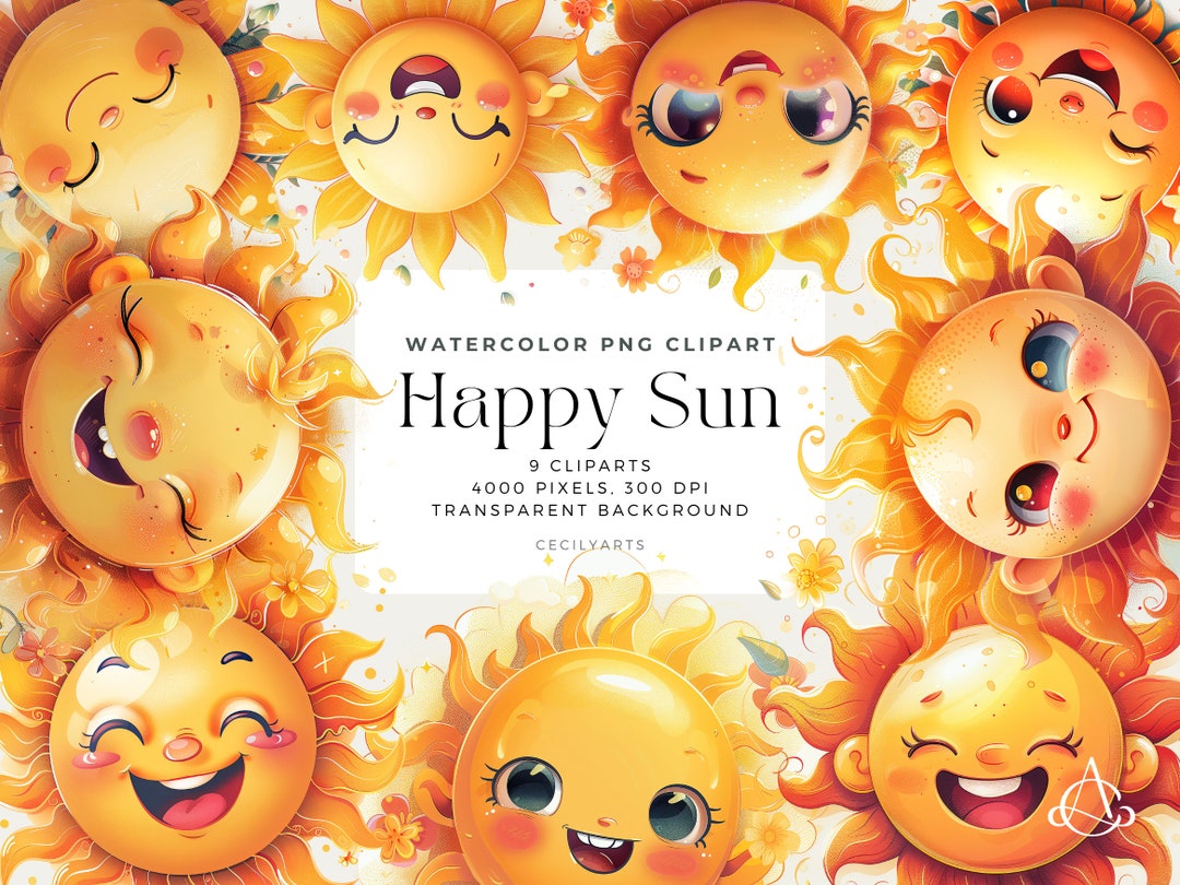 Happy Sun Clipart, Watercolor Cute Sun Clipart, Commercial Use, Weather ...
