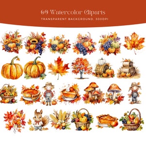 Watercolor Autumn Elements Clipart, Pumpkin Clipart, Autumn Leaves ...