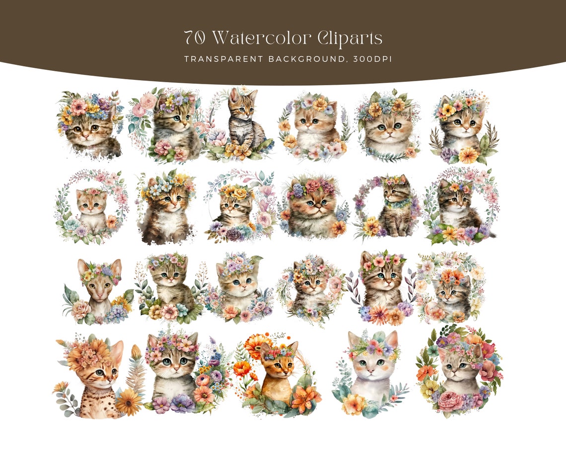 Watercolor Cat Clipart, Cat With Flower Clipart, Cat Watercolor ...