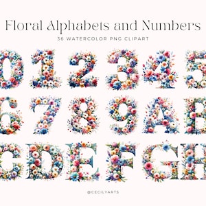 Watercolor Flower Alphabet and Numbers Cliparts, Alphabet PNG, Floral ...
