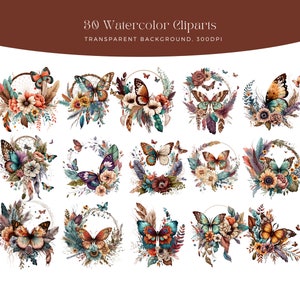 Boho Flower Butterfly PNG, Watercolor Floral Clipart Bouquets, Elements ...