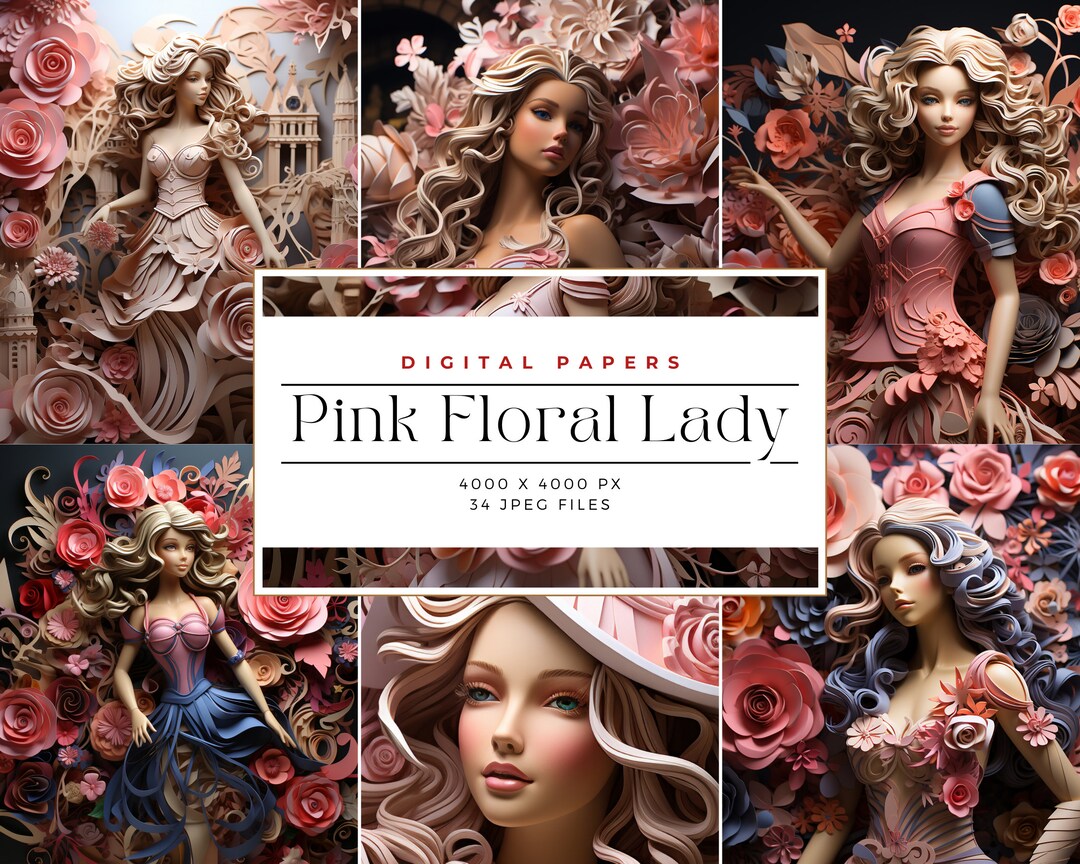 Pink Floral Lady Digital Paper Backgrounds, Princess Digital Paper Doll ...